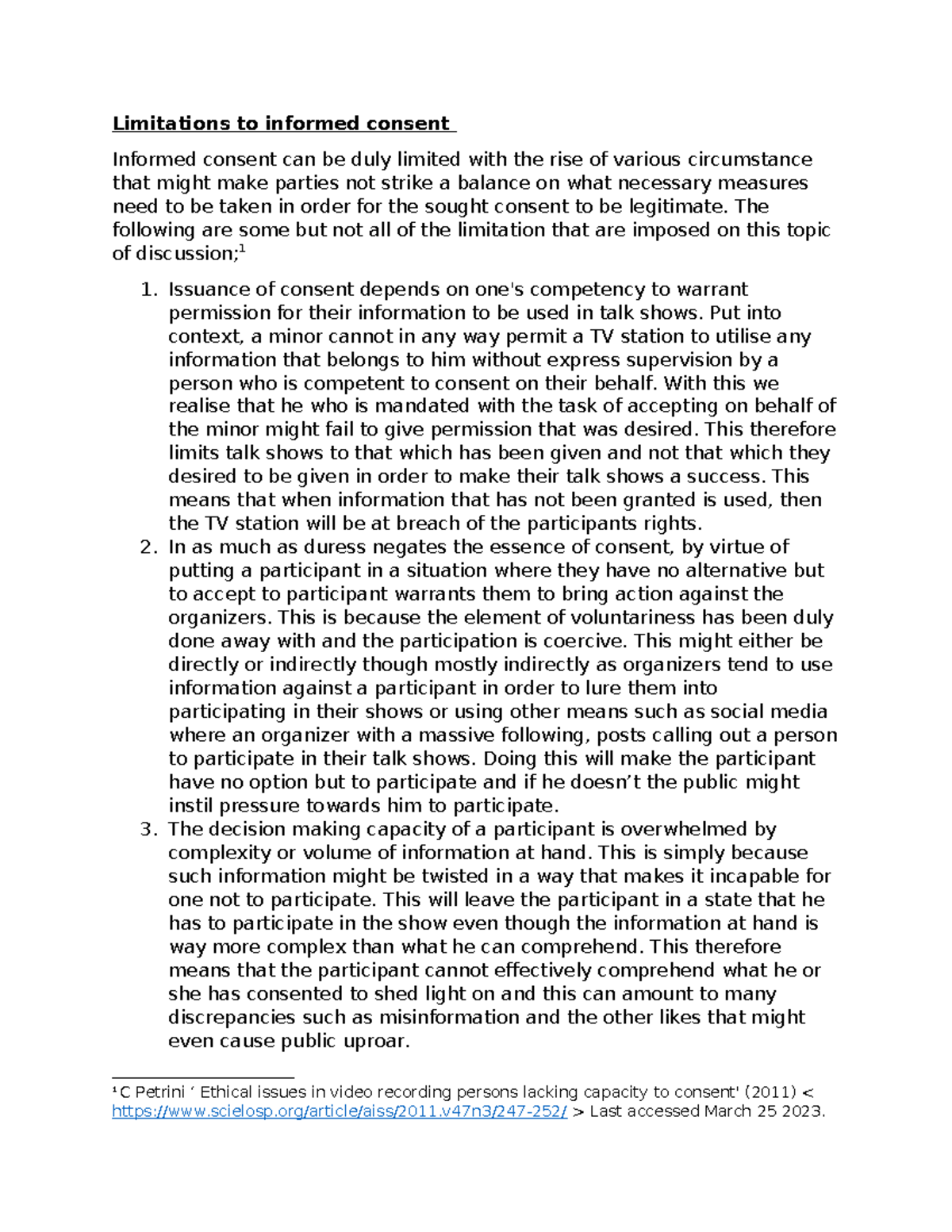 Limitations to consent - Limitations to informed consent Informed ...