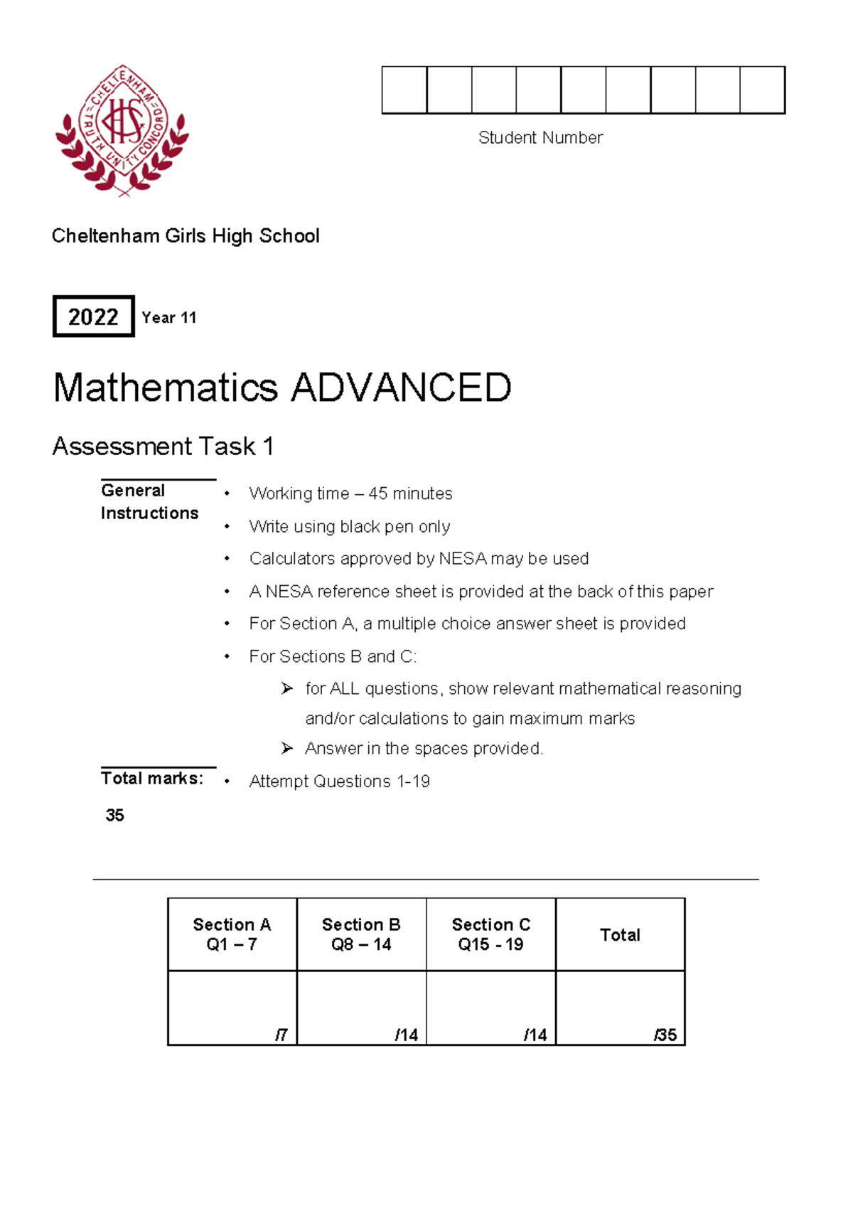 2U 2022 Term 1 - Y11 math advanced - Cheltenham Girls High School Year ...