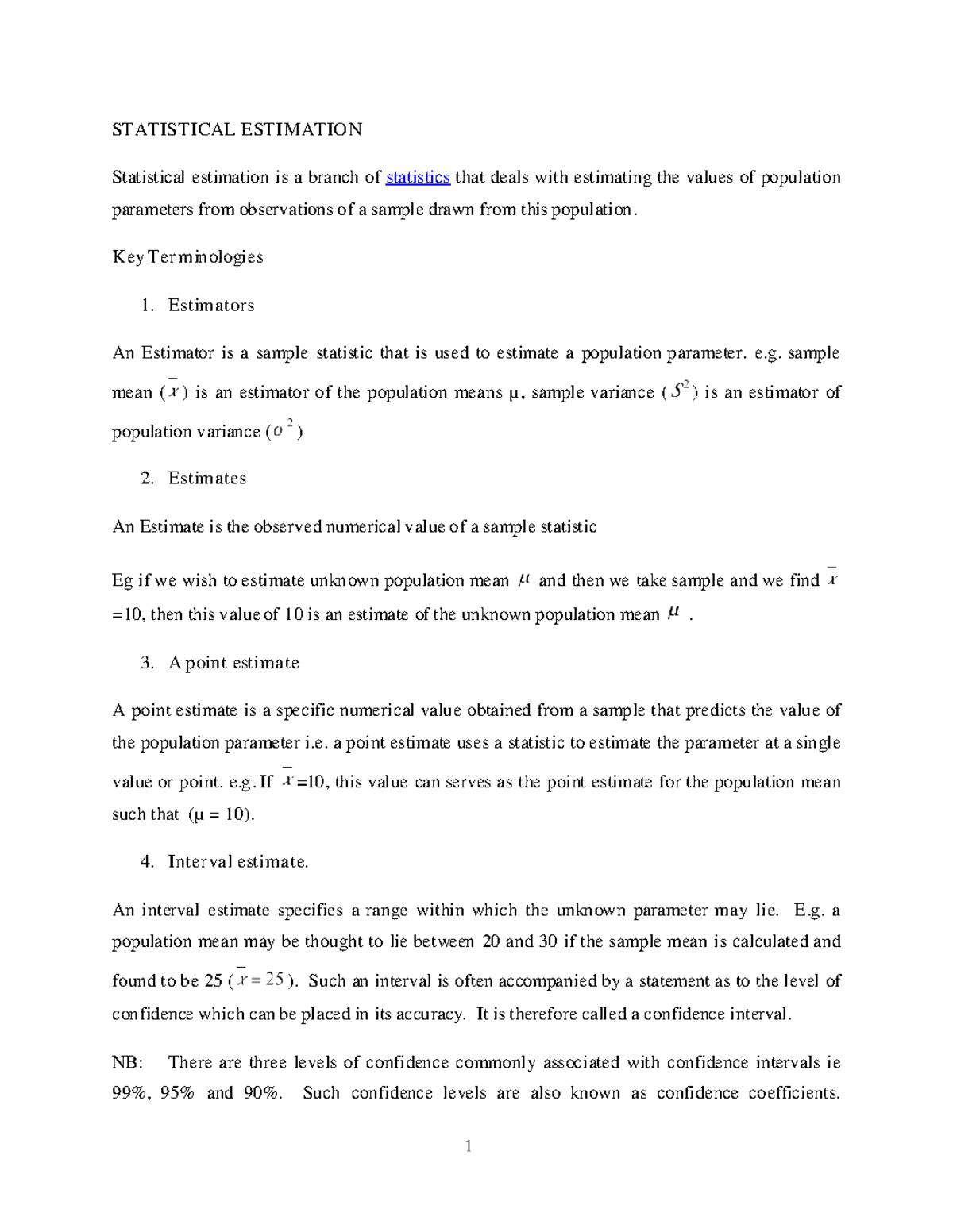 Statistical Estimation - EES 301 - STATISTICAL ESTIMATION Statistical ...