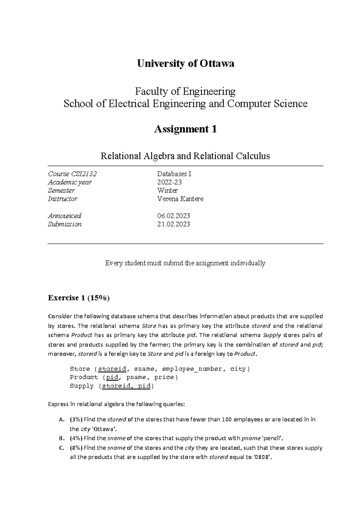 Assignment 1 - University of Ottawa Faculty of Engineering School of ...