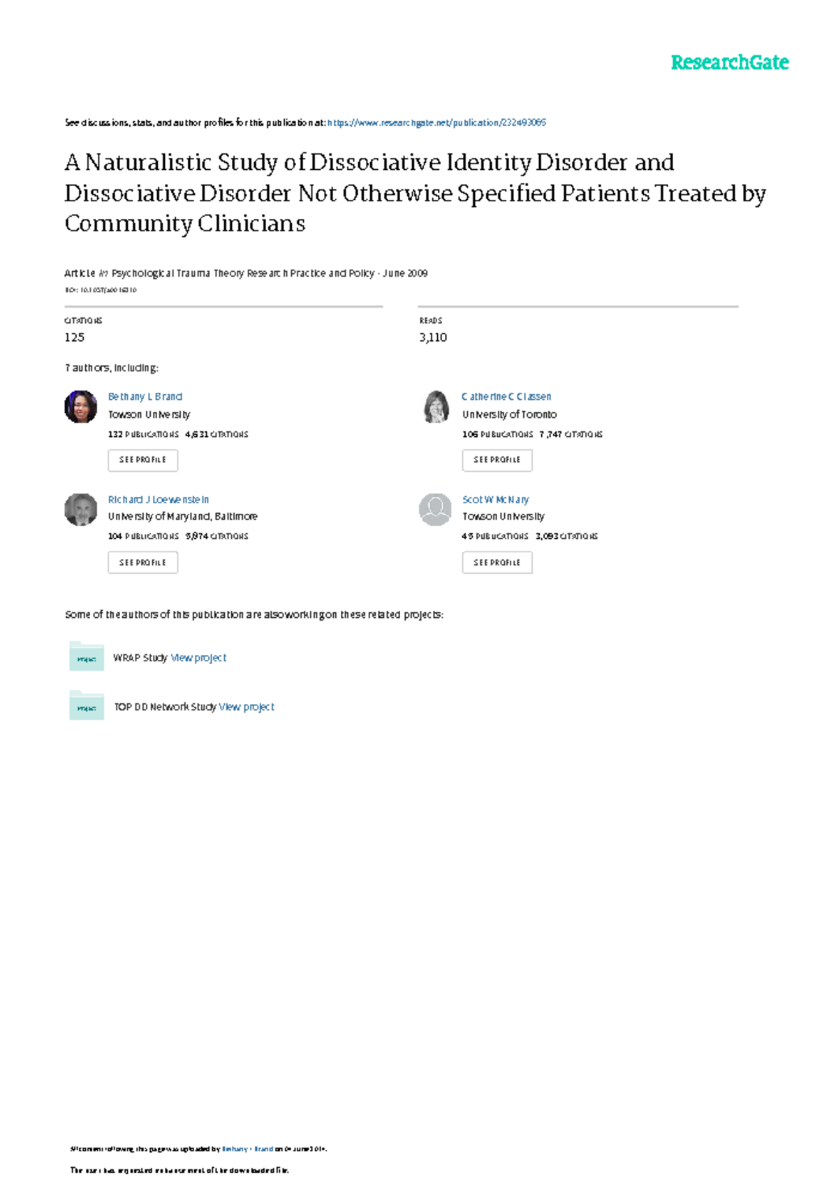 A Naturalistic Study of Dissociative Identity Diso - See discussions ...
