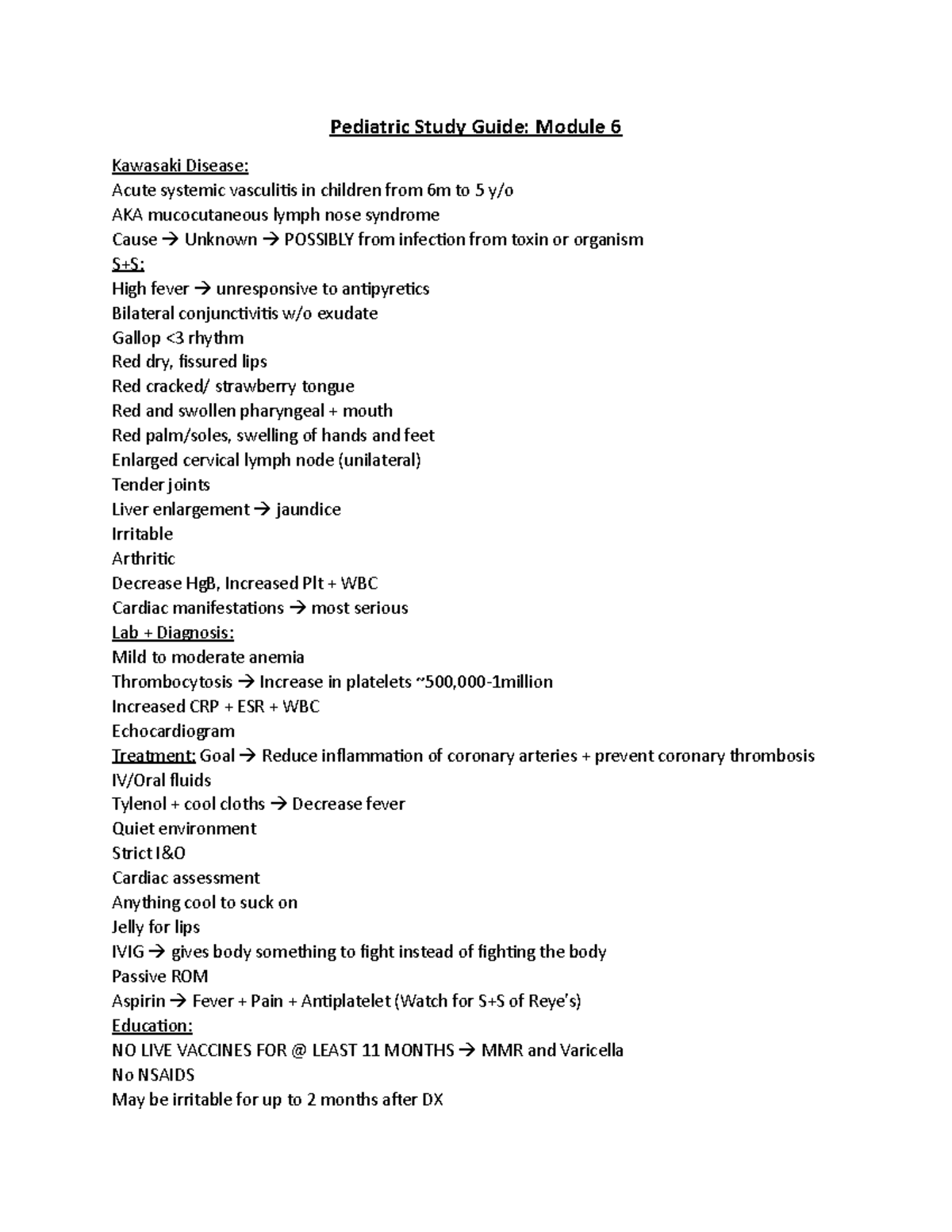 Peds study guide module 6 - Pediatric Study Guide: Module 6 Kawasaki ...