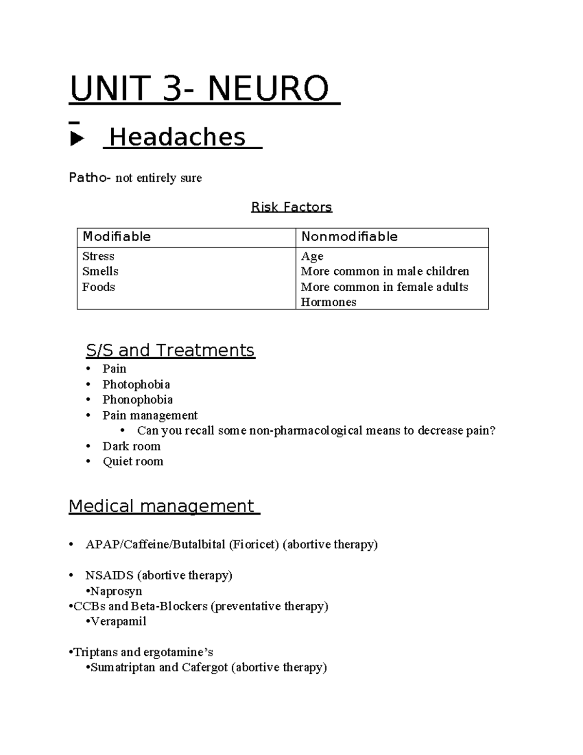 UNIT 3 NUR 170 - Unit 3 - UNIT 3- NEURO u Headaches Patho- not entirely ...