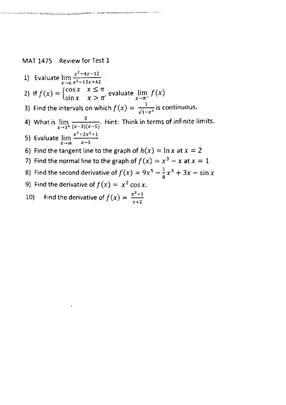 Test 1 review - MAT 1475 - Studocu