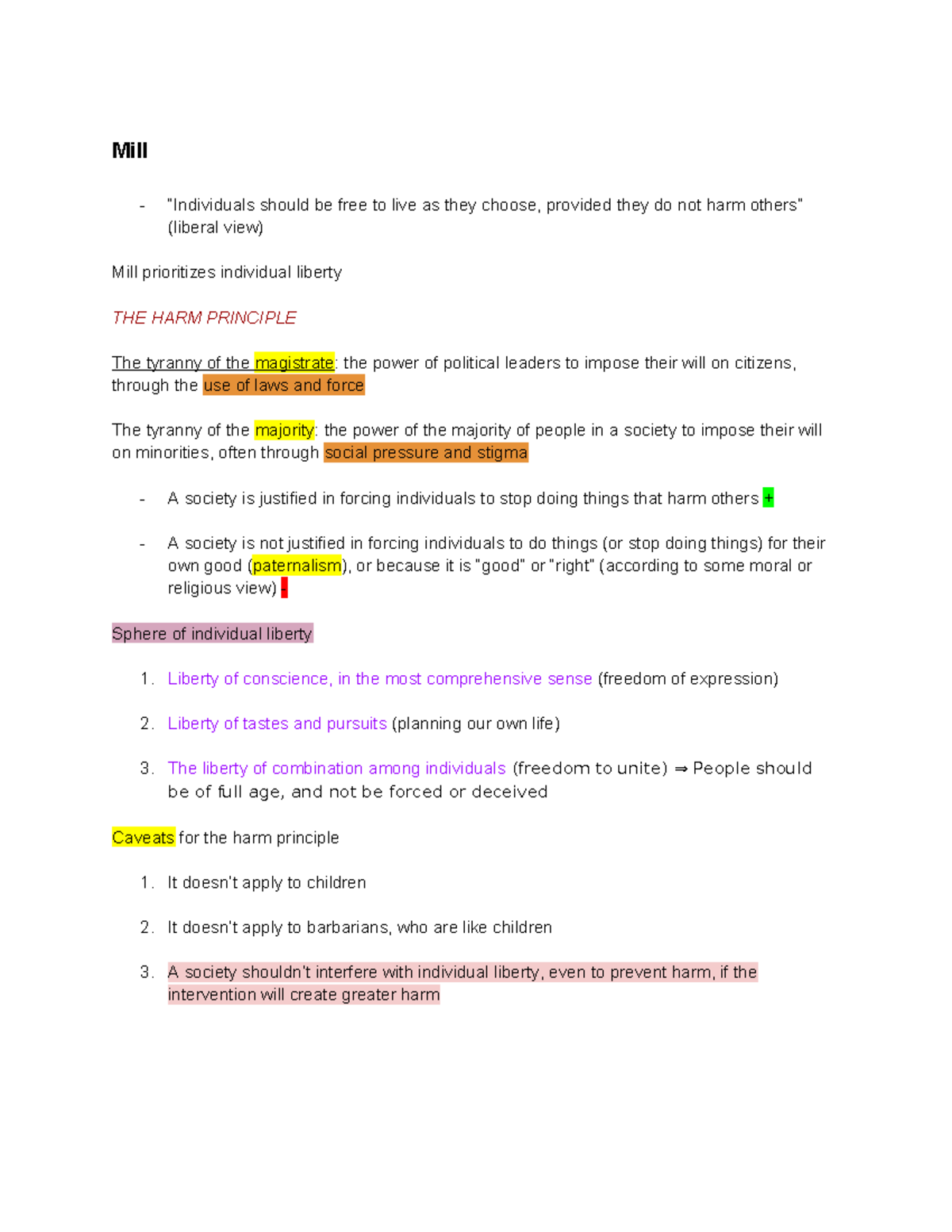 PHLA11 Final notes - Mill “Individuals should be free to live as they ...