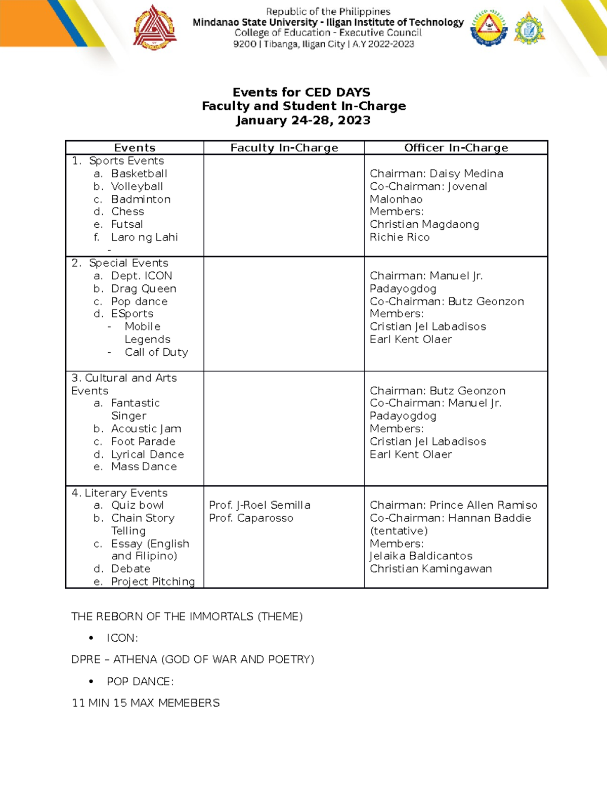 CED DAYS Event IN Charges - Events for CED DAYS Faculty and Student In-Charge January 24-28 ...