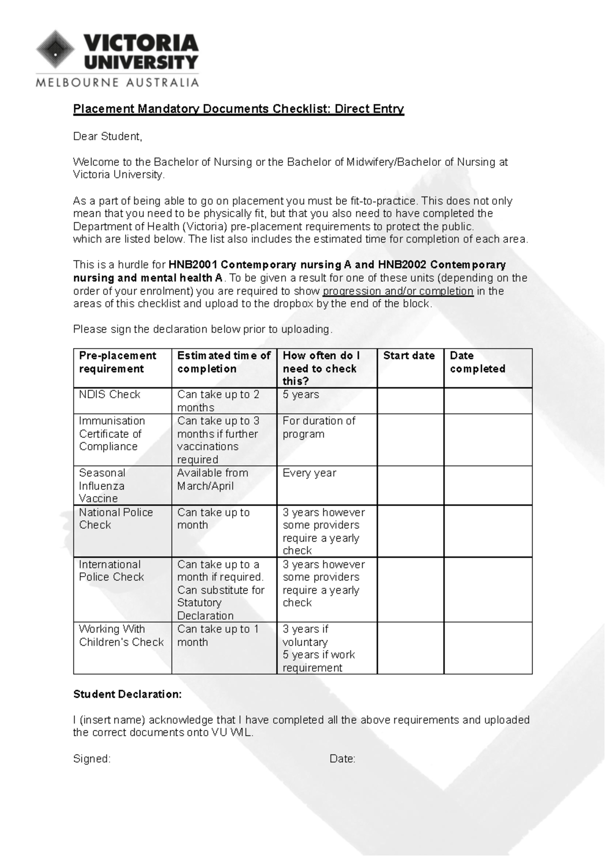 Checklist for HNB2001 and HNB2002 direct entry - Placement Mandatory ...