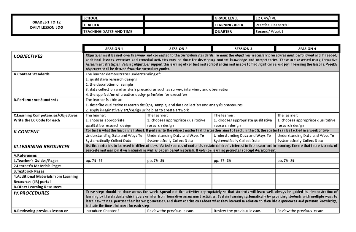 Practical research 1 week 1 q3 - GRADES 1 TO 12 DAILY LESSON LOG SCHOOL ...