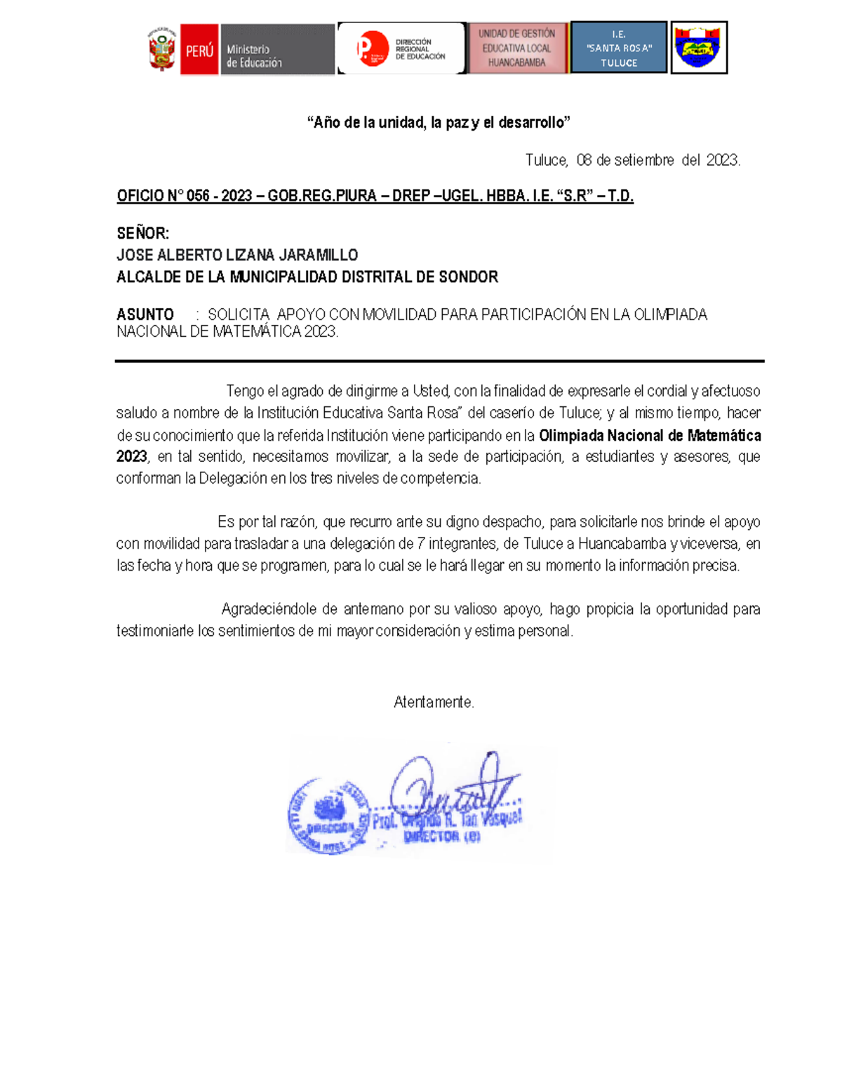 Oficio Solicitando Apoyo CON Movilidad - “Año de la unidad, la paz y el ...