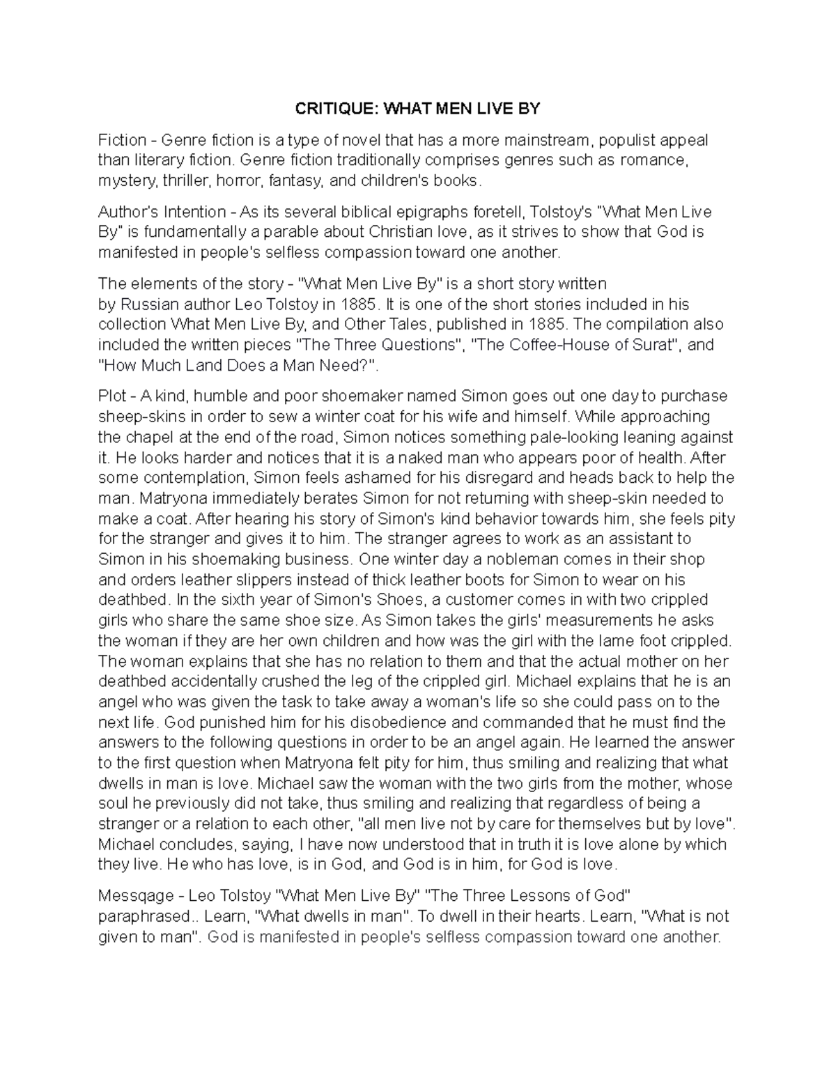 Literary Critique - ddddddd - CRITIQUE: WHAT MEN LIVE BY Fiction ...