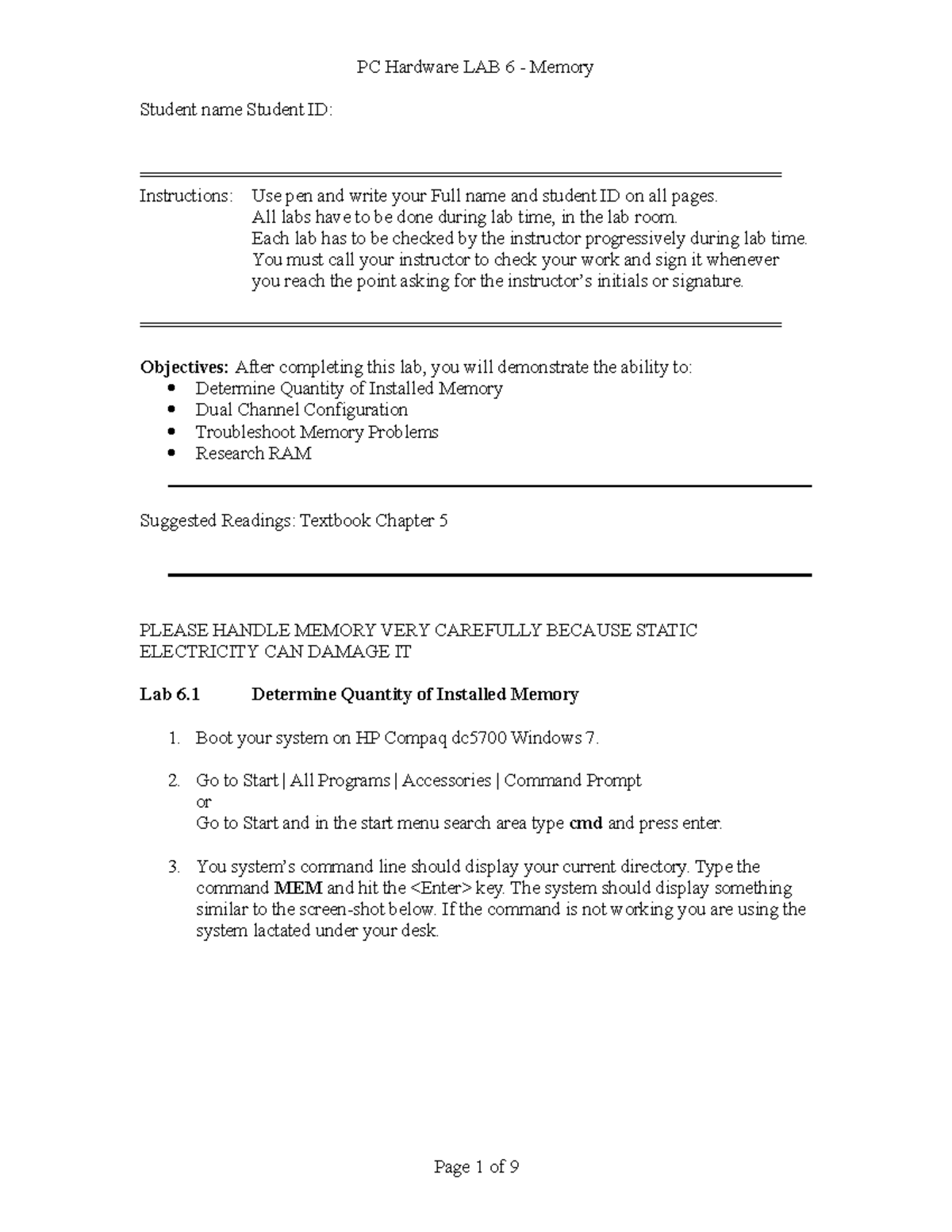 LAB 6 - Memory - Hardware labs - Student name Student ID: - Studocu