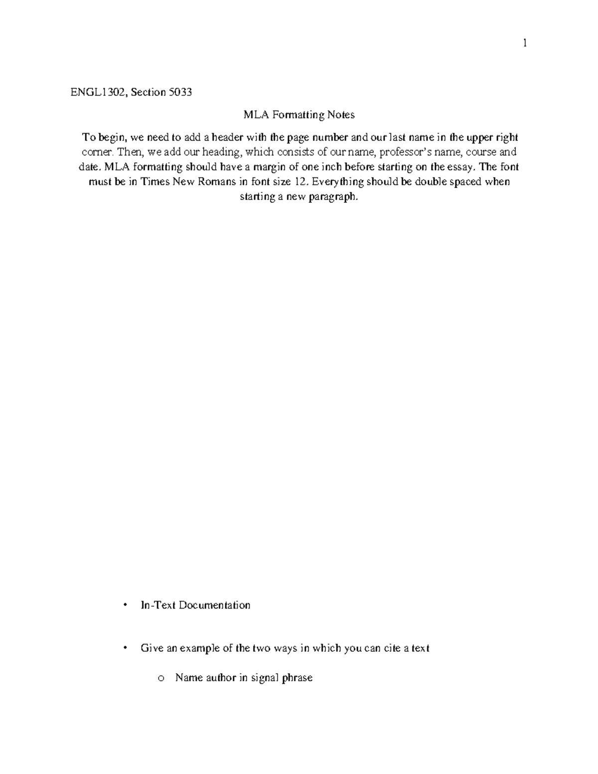 MLA Formatting Notes - ENGL1302, Section 5033 MLA Formatting Notes To ...