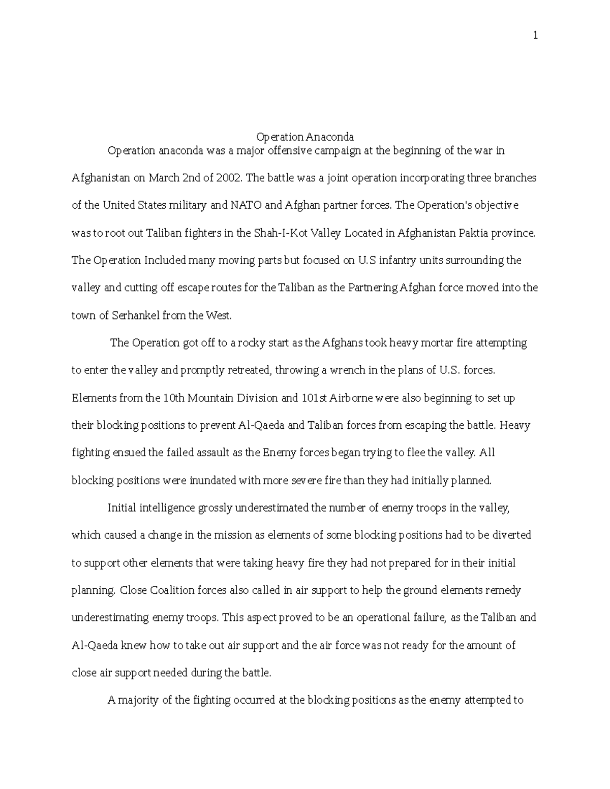 Essay #2 - Operation Anaconda Paper evaluating success - Operation ...