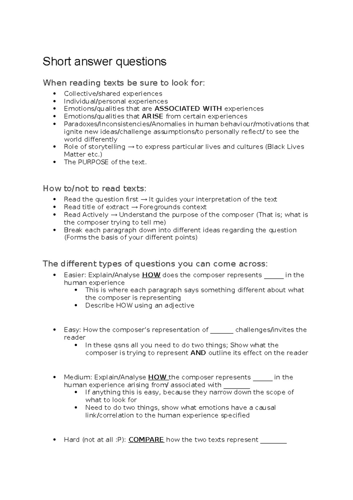Short answer tips - N/A - Short answer questions When reading texts be ...