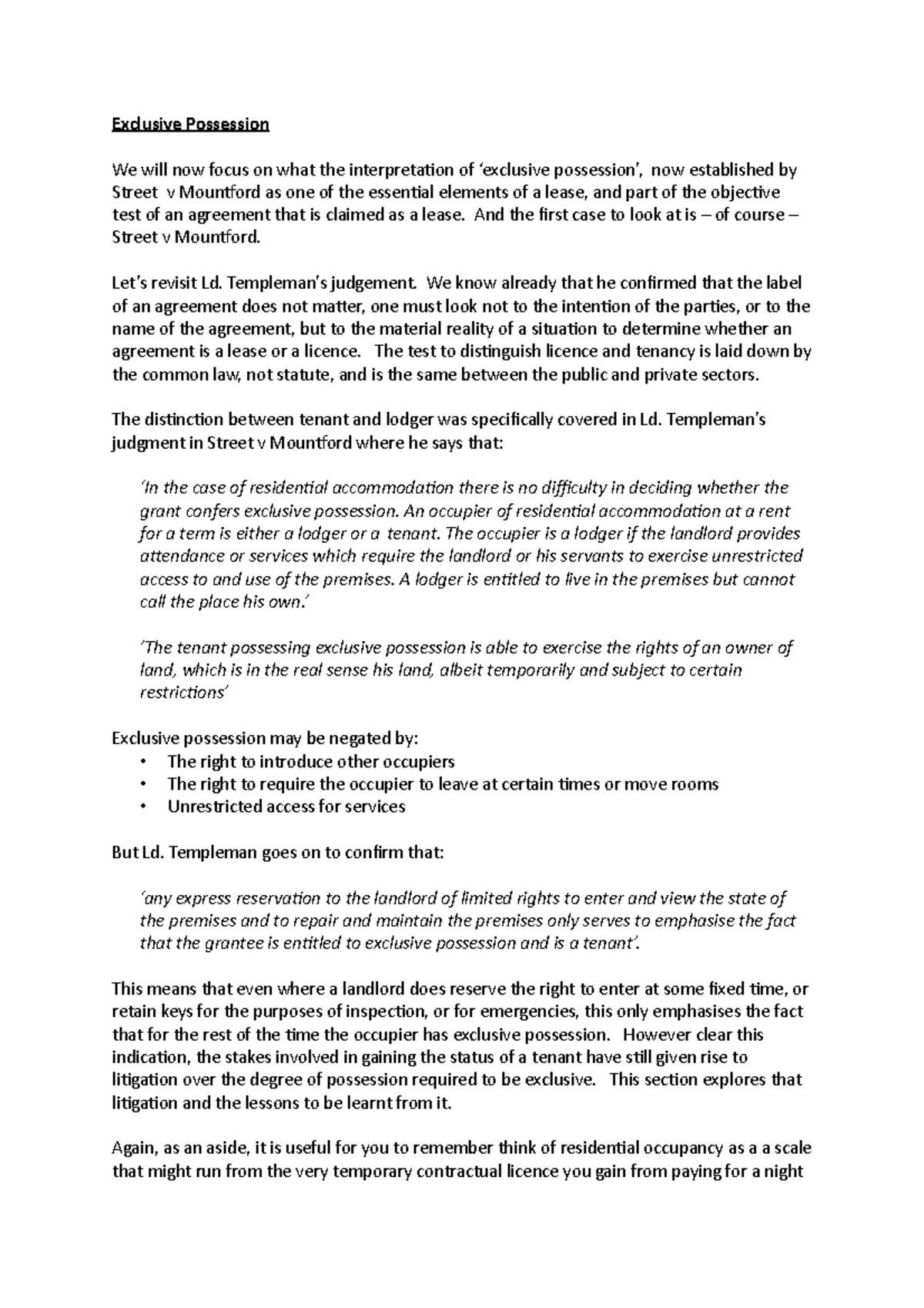 Lecture Notes on Video Three(1) - Exclusive Possession - Exclusive ...