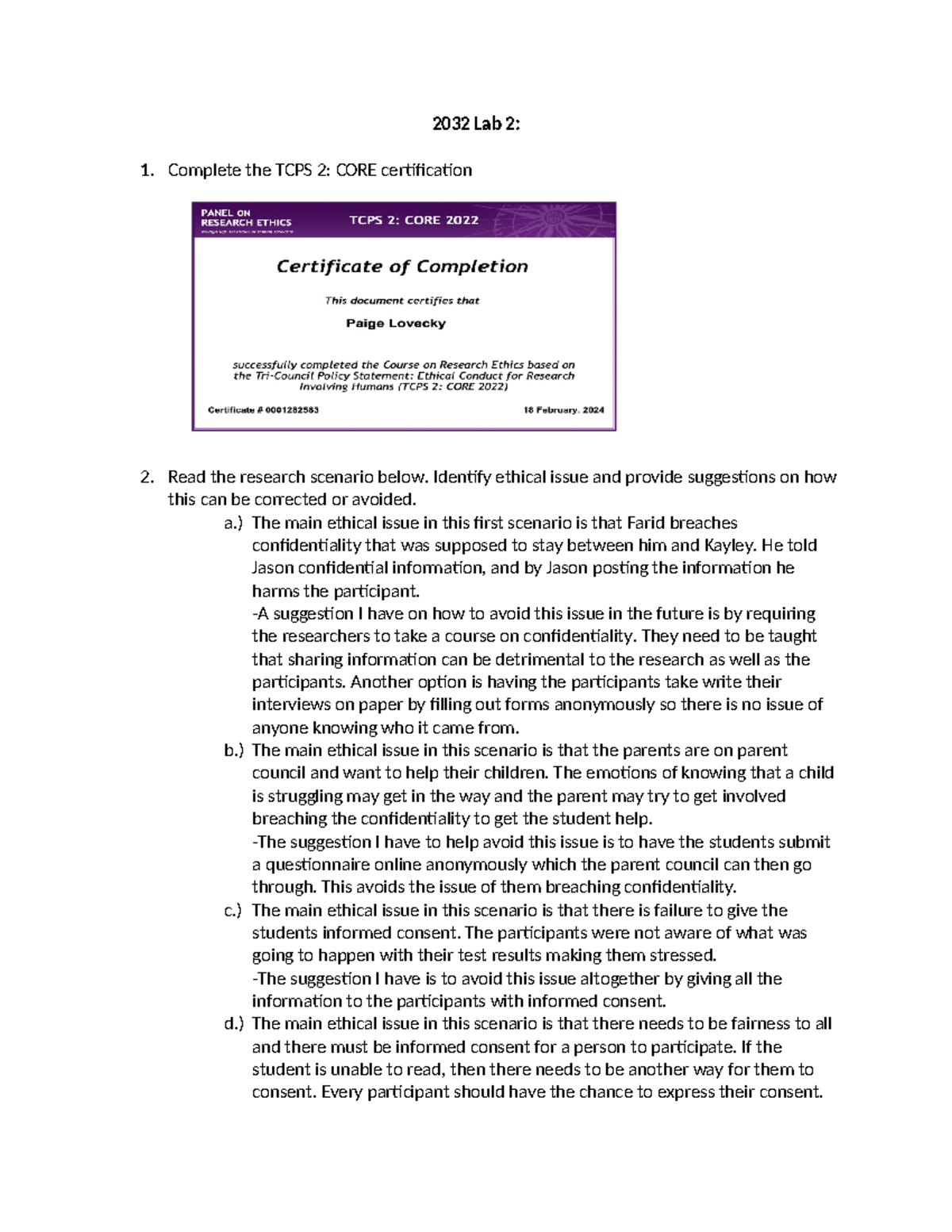 2032 Lab 2 - 2222 - 2032 Lab 2: Complete the TCPS 2: CORE certification Read the research ...