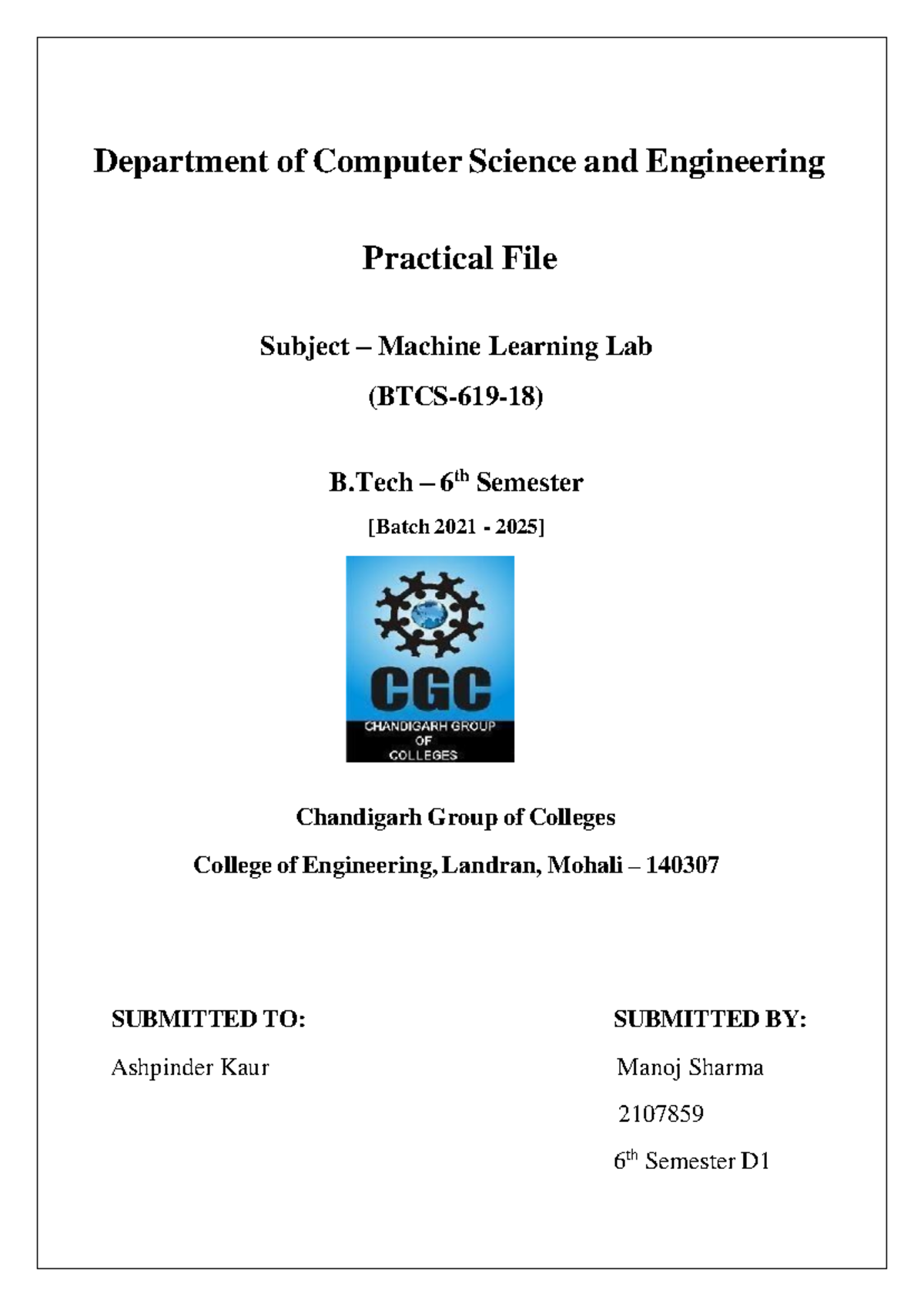 Machine learning lab - Department of Computer Science and Engineering Practical File Subject ...
