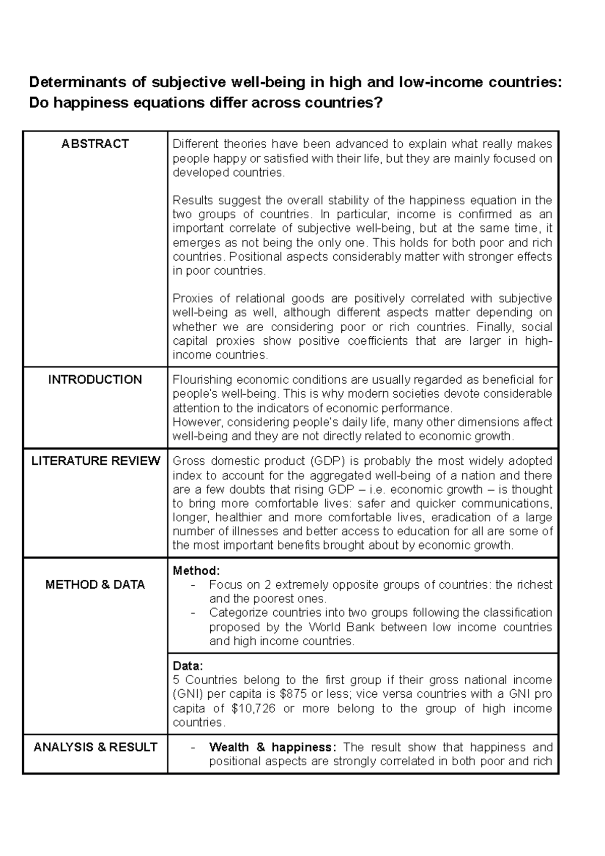 Determinants of subjective well-being in high and low income countries ...