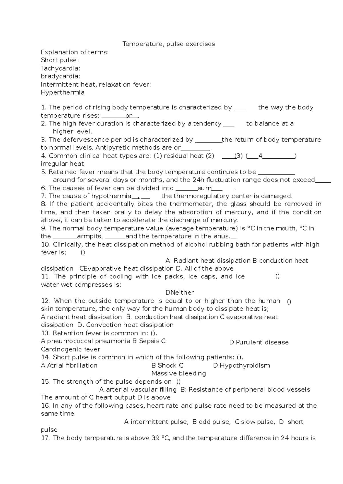 Temperature, pulse exercises NURS140 - Temperature, pulse exercises ...