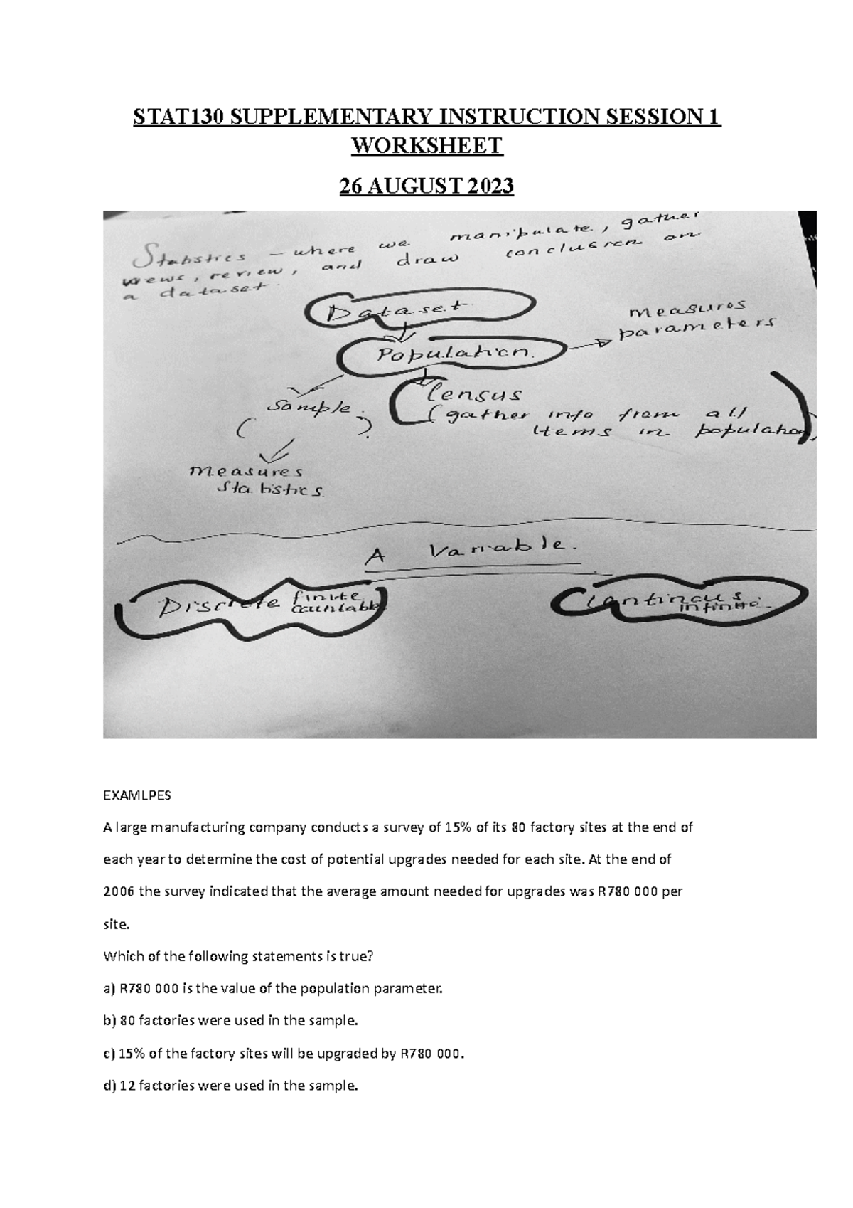 Stat SI - Statistics grouped data - STAT130 SUPPLEMENTARY INSTRUCTION SESSION 1 WORKSHEET 26 ...