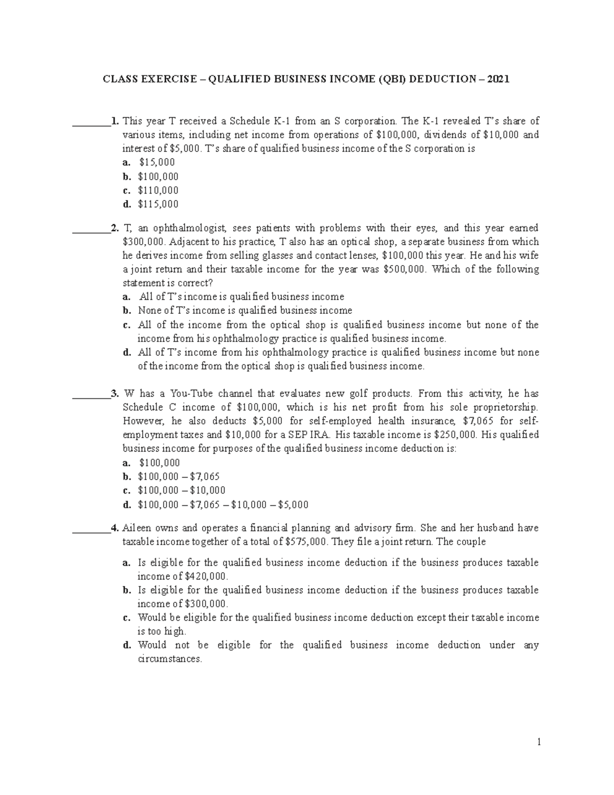 Qualified Business Income QBI Deduction 2021 - CLASS EXERCISE ...