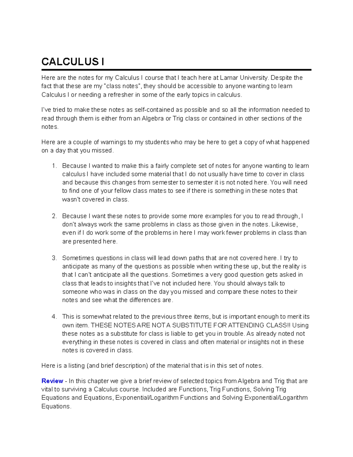 Calculus I notes - CALCULUS I Here are the notes for my Calculus I ...