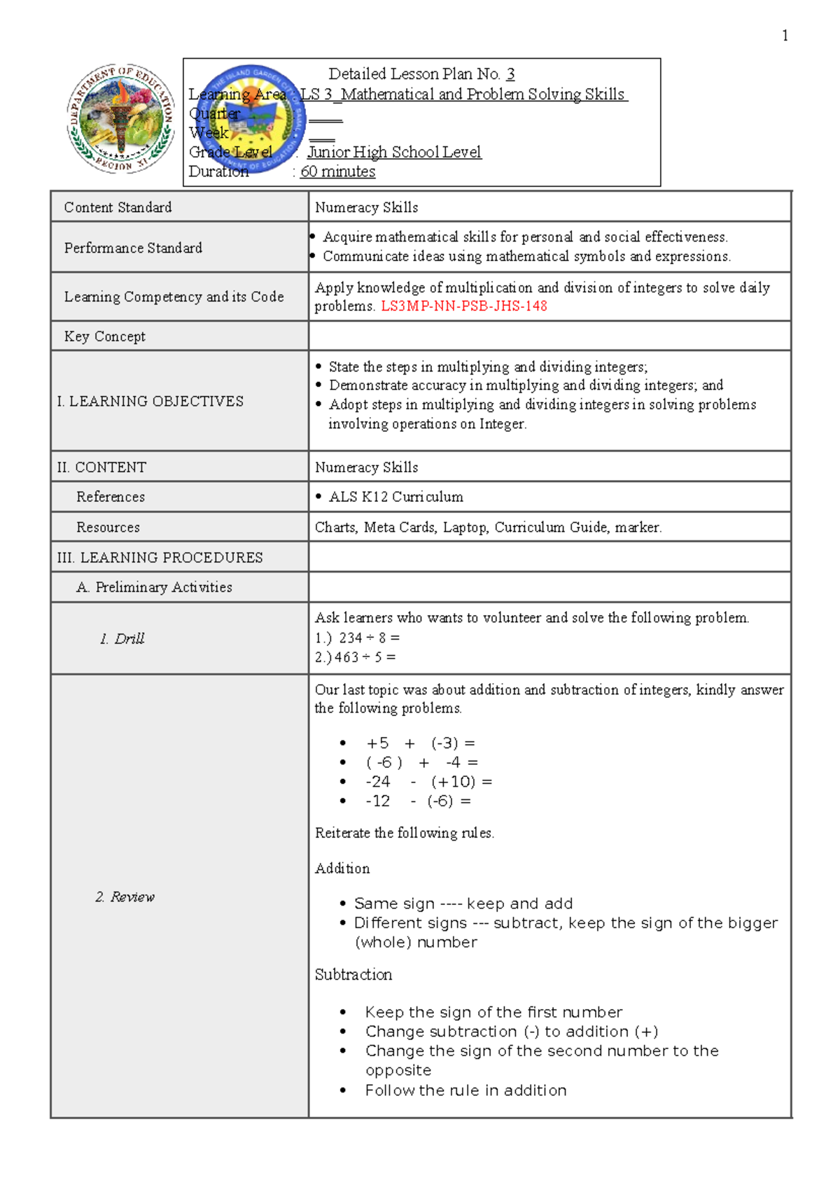 Mathematical and Problem Solving Skills - Learning Strand 3 - Operations on Integers - Content ...