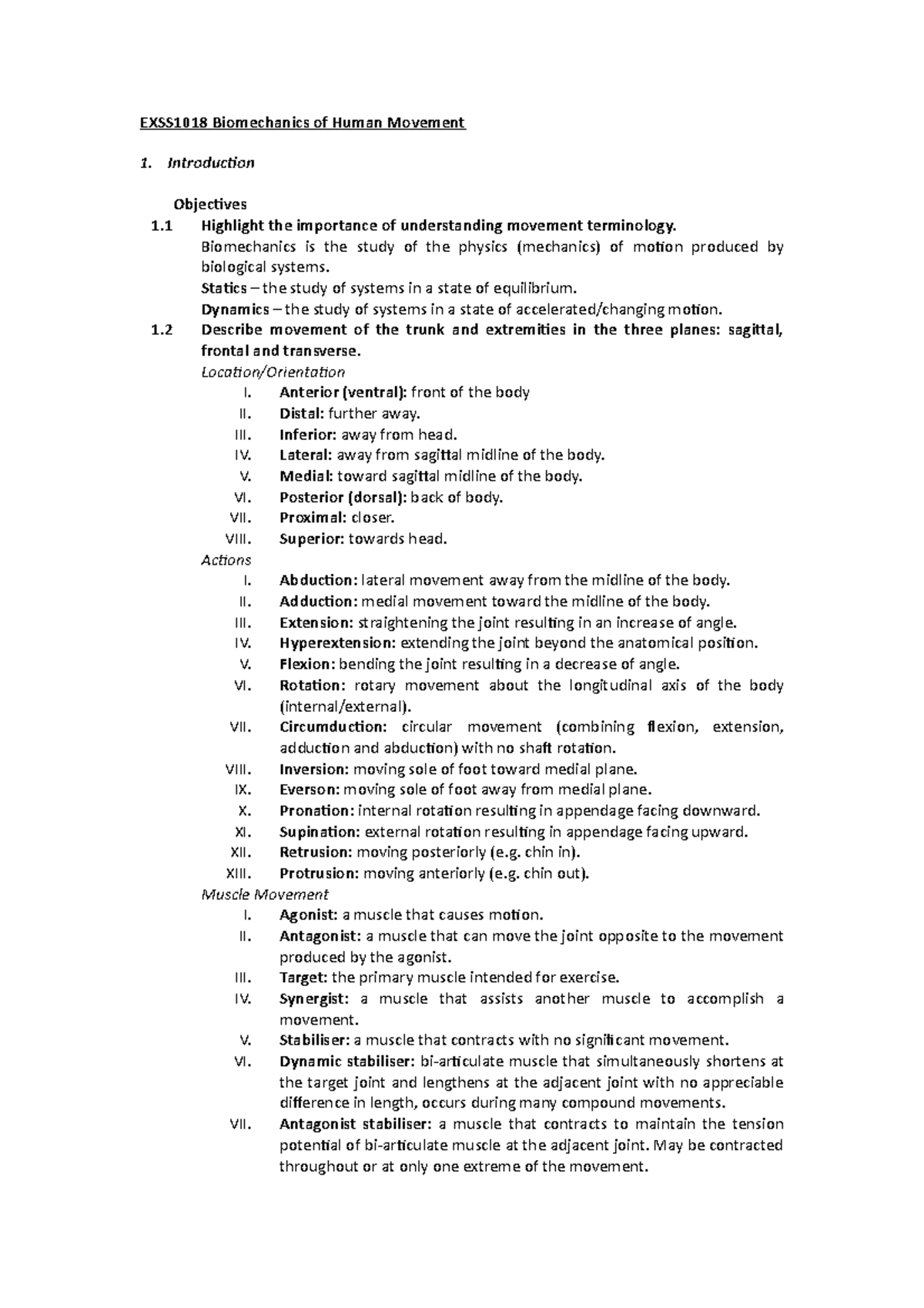 Exss1018 Biomechanics Of Human Movement - EXSS1018 Biomechanics of ...