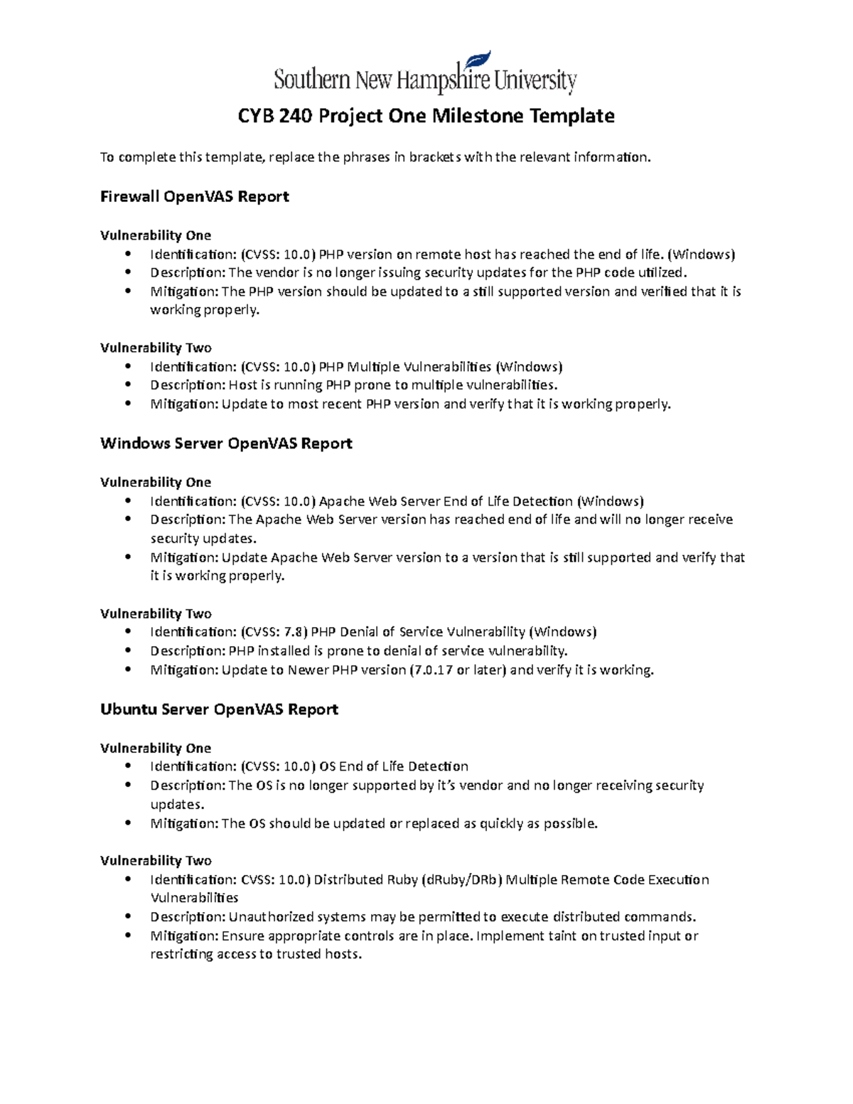 CYB 240 Project One Milestone - Firewall OpenVAS Report Vulnerability ...