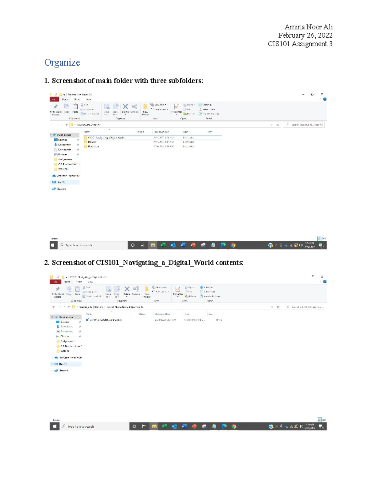 CIS101 Assignment 3 - February 26, 2022 CIS101 Assignment 3 Organize Screenshot of main folder ...