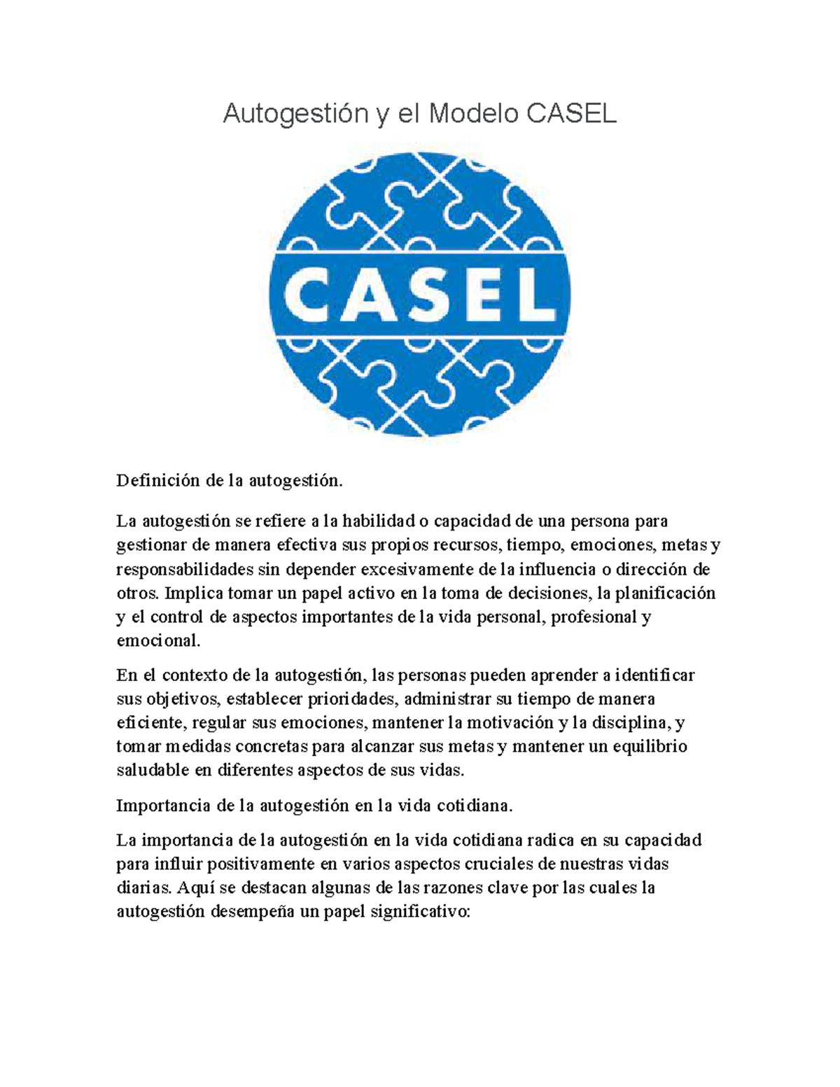 Autogestión y el Modelo Casel - Autogestión y el Modelo CASEL ...