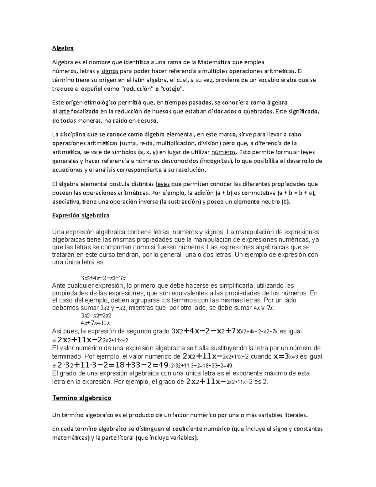 Algebra - Nota: 7,5 - Algebra Algebra es el nombre que ideniica a una ...