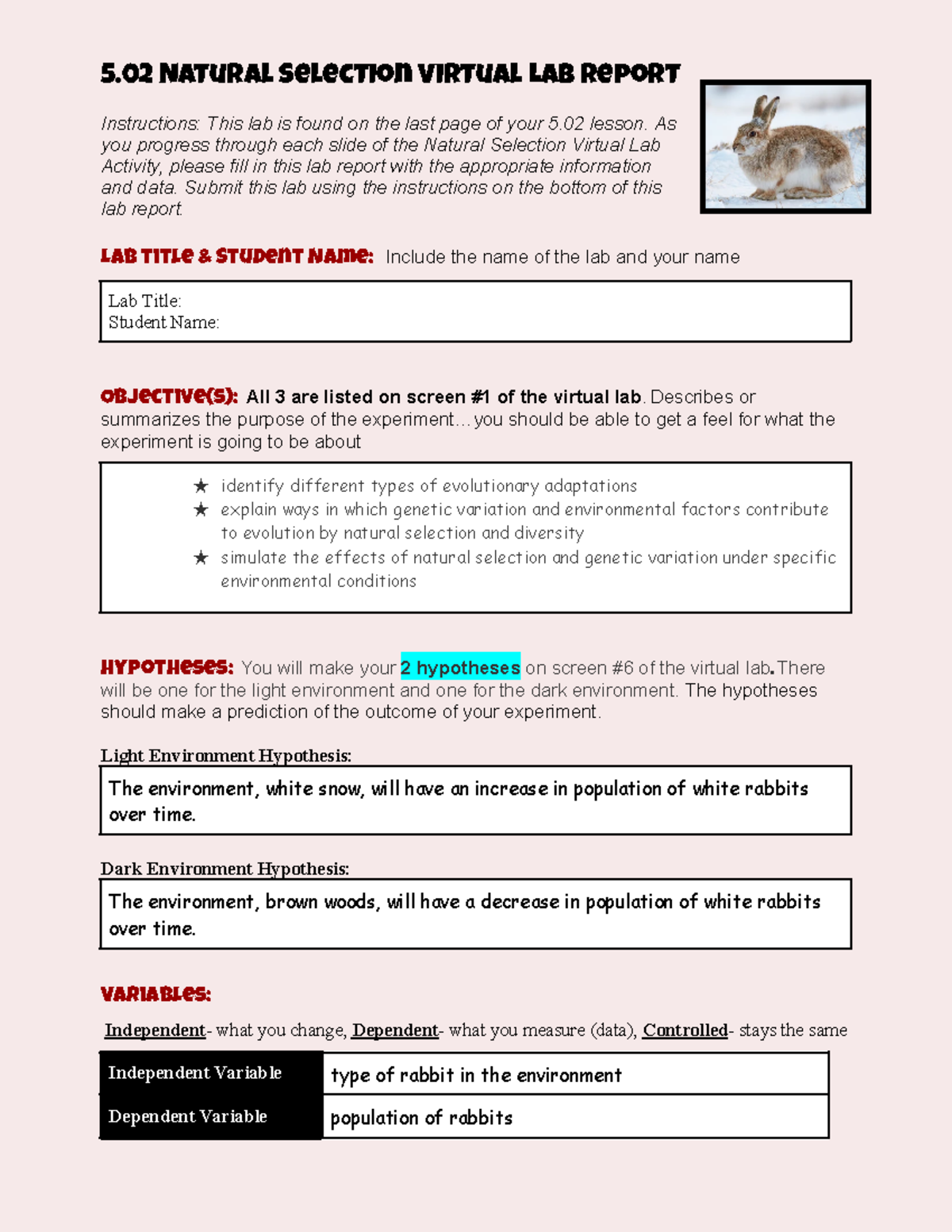 Bio 5.02 . - 5 Natural Selection Virtual Lab Report Instructions: This ...