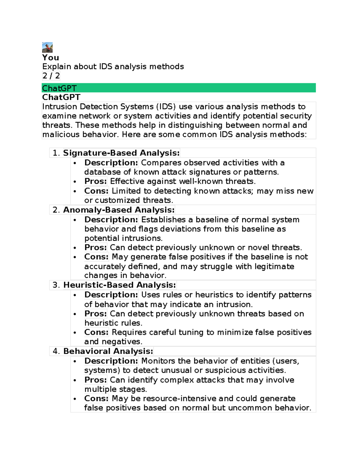 IDS and IPS - intrusion detection system - You Explain about IDS analysis methods 2 / 2 ChatGPT ...