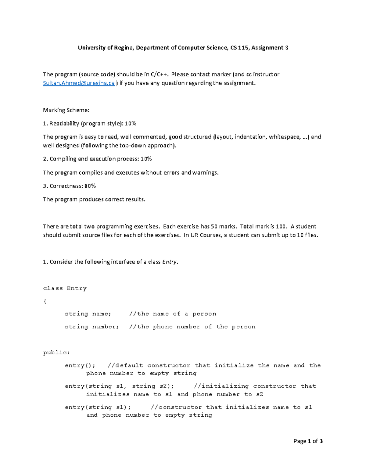 Assignment 3 Sultan Ahmed Page 1 Of 3 University Of Regina Department Of Computer Science Cs