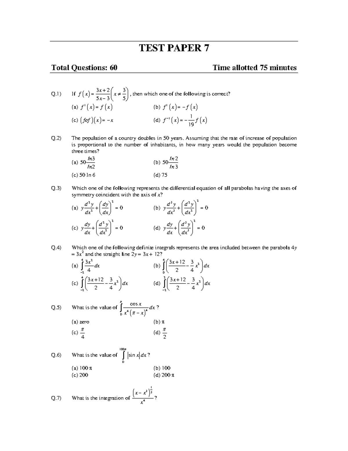 MAH CET MCA Sample Paper - TEST PAPER 7 Total Questions: 60 Time ...
