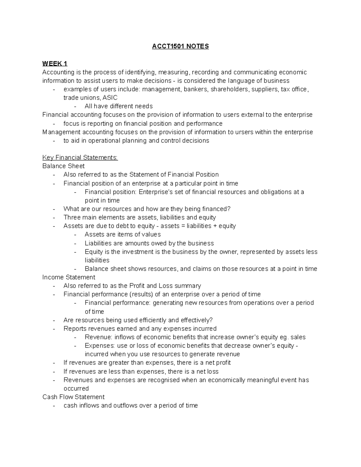 ACCT1501 Notes - ACCT1501 NOTES WEEK 1 Accounting is the process of ...