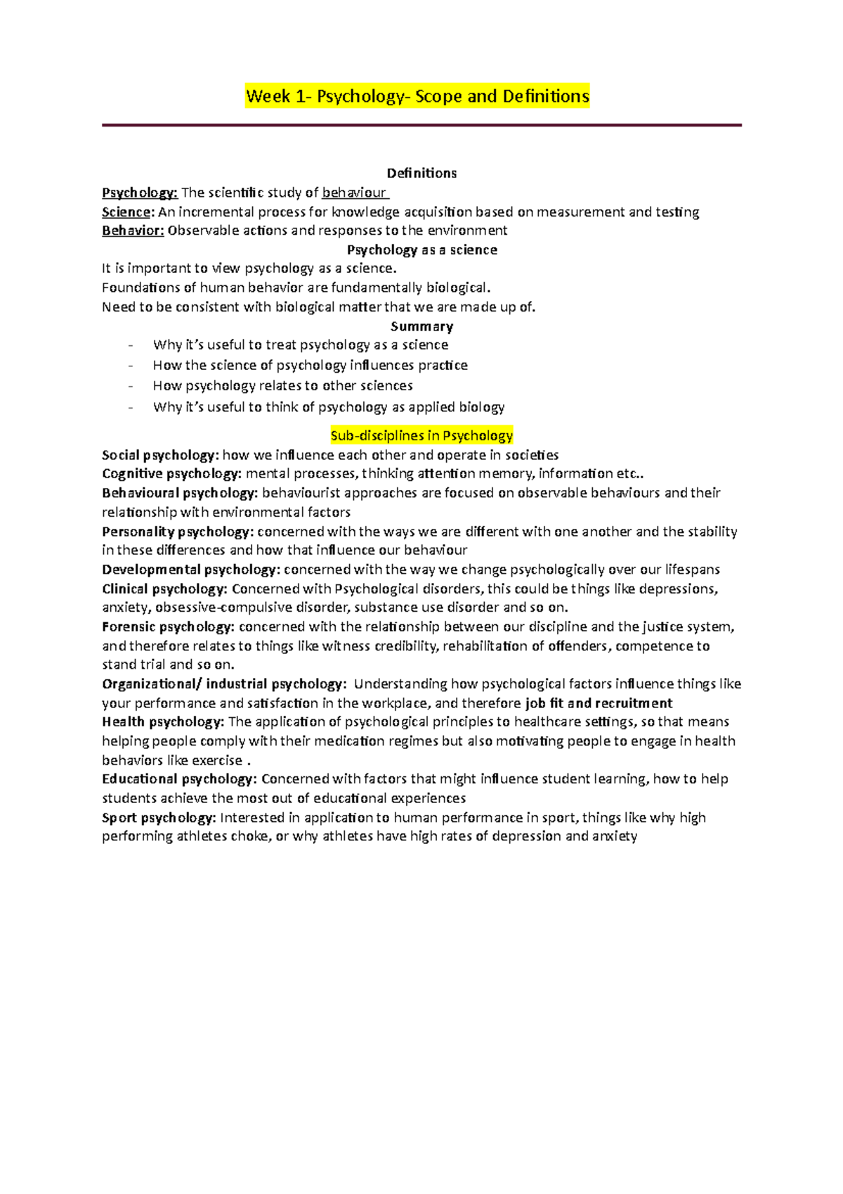 Psych notes - Week 1- Psychology- Scope and Definitions Definitions ...