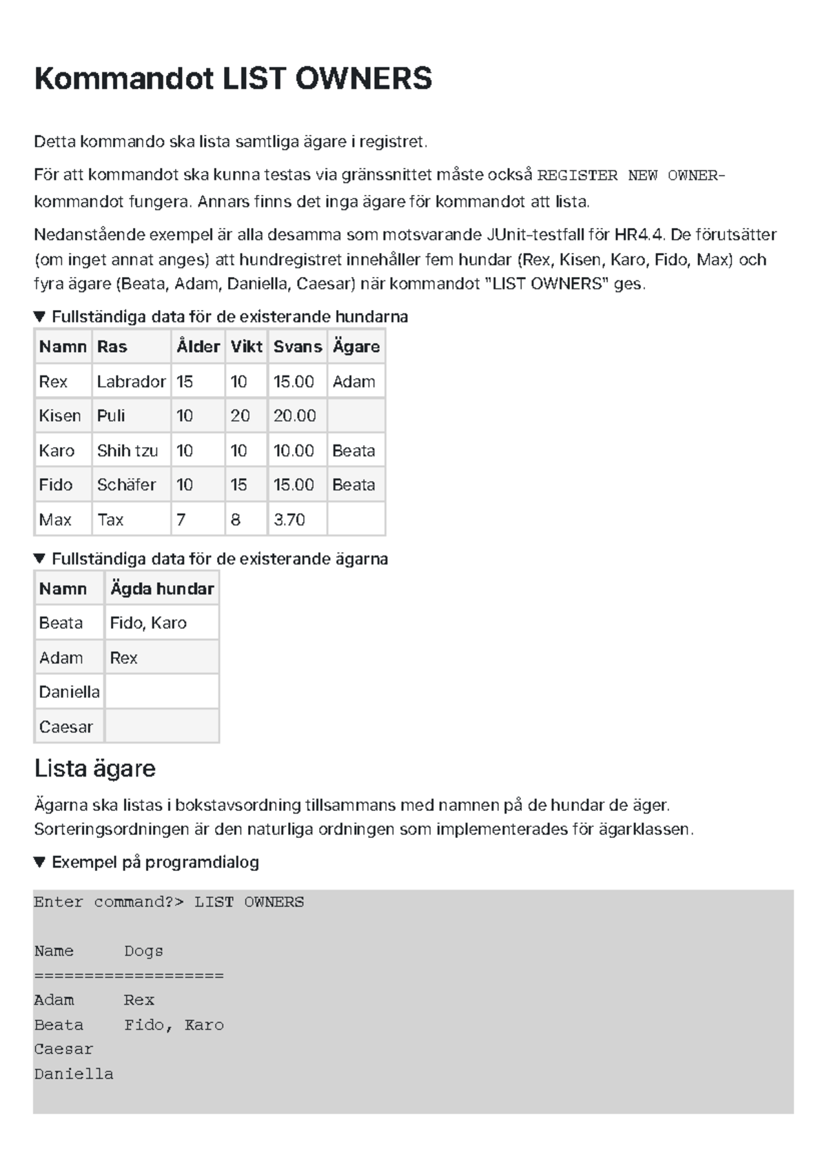 Kommandot LIST Owners - PROG1 Kommandospecifikation för HR4,4 - Kommandot LIST OWNERS Detta ...