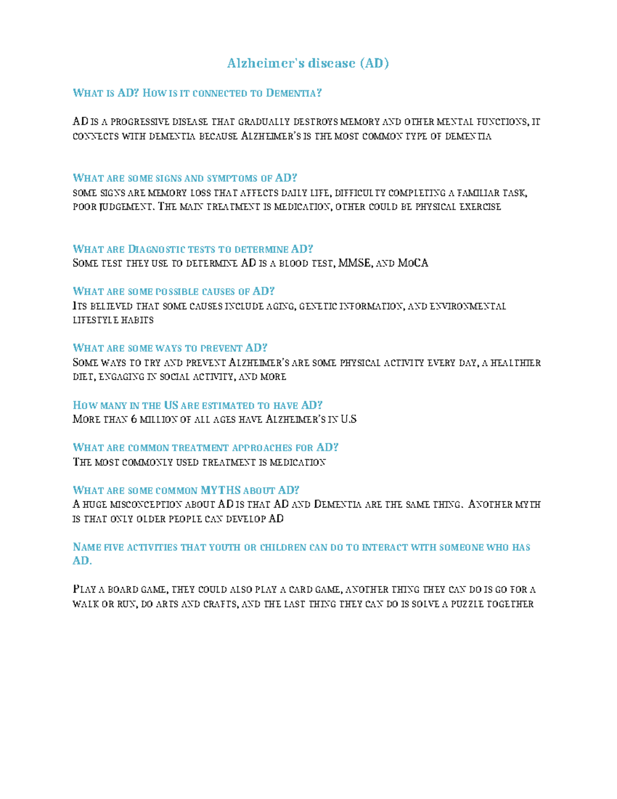 Alzheimer's worksheet - Alzheimer's disease (AD) WHAT IS AD? HOW IS IT ...