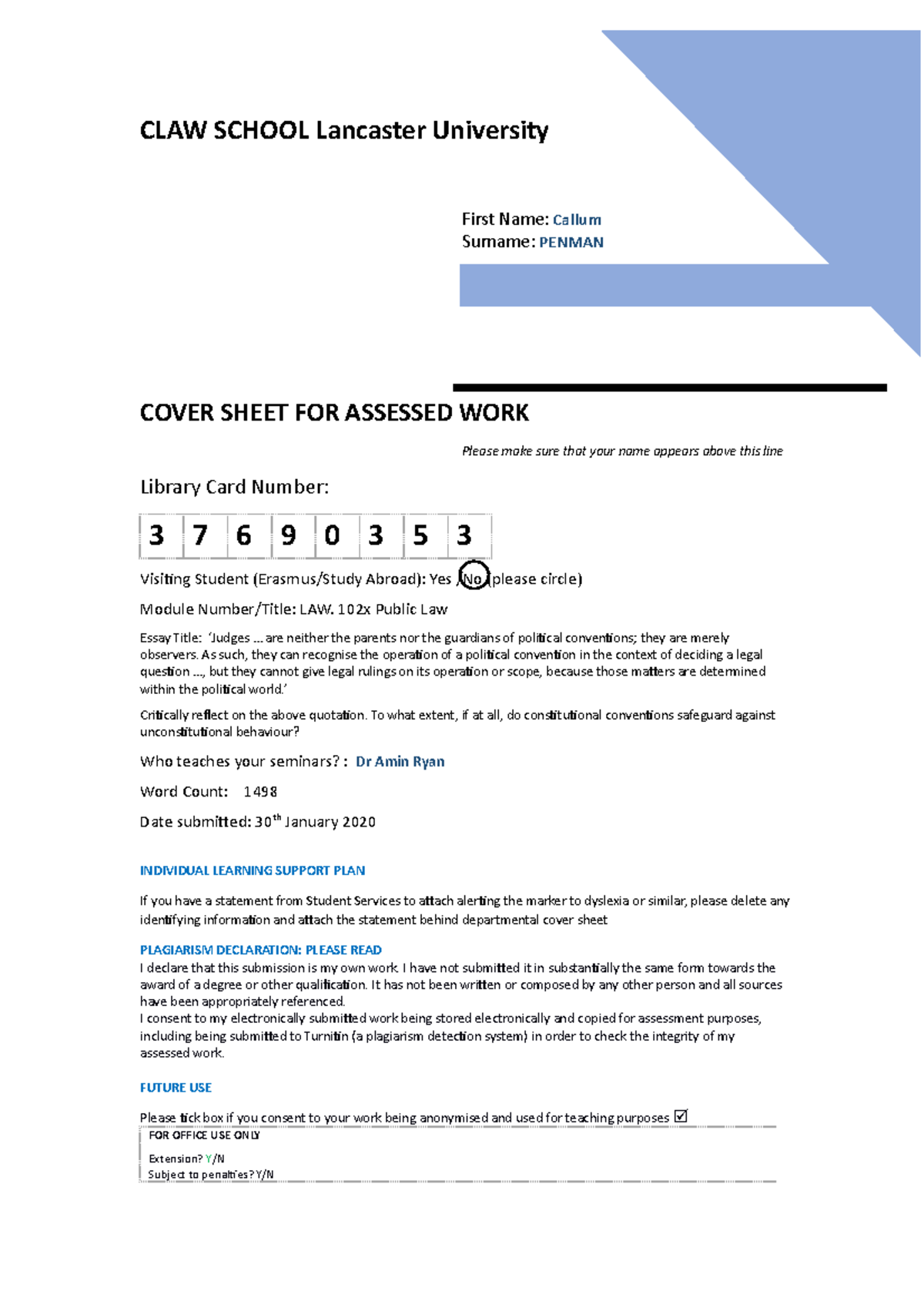 Coursework - CLAW SCHOOL Lancaster University First Name: Callum ...