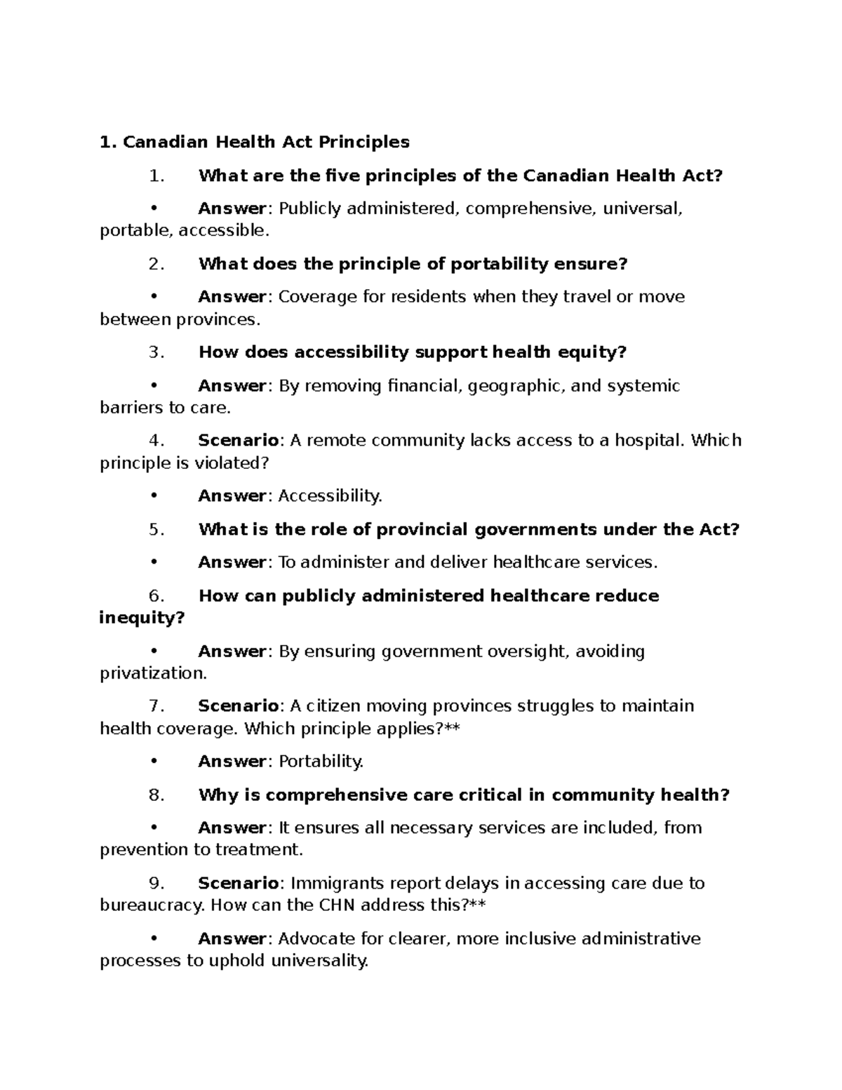 Community Final exam H’s - Canadian Health Act Principles What are the ...