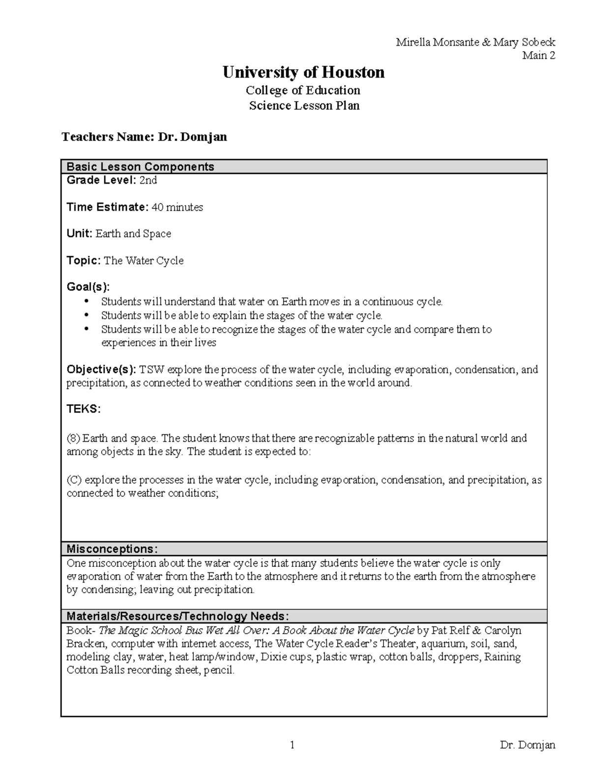 5e science lesson plan water cycle - Main 2 University of Houston ...