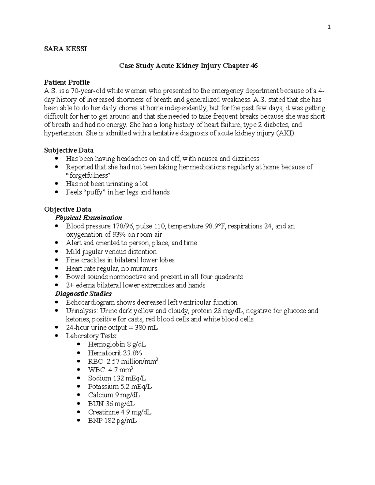 46 CASE Studt - assignement - 1 SARA KESSI Case Study Acute Kidney Injury Chapter 46 Patient ...