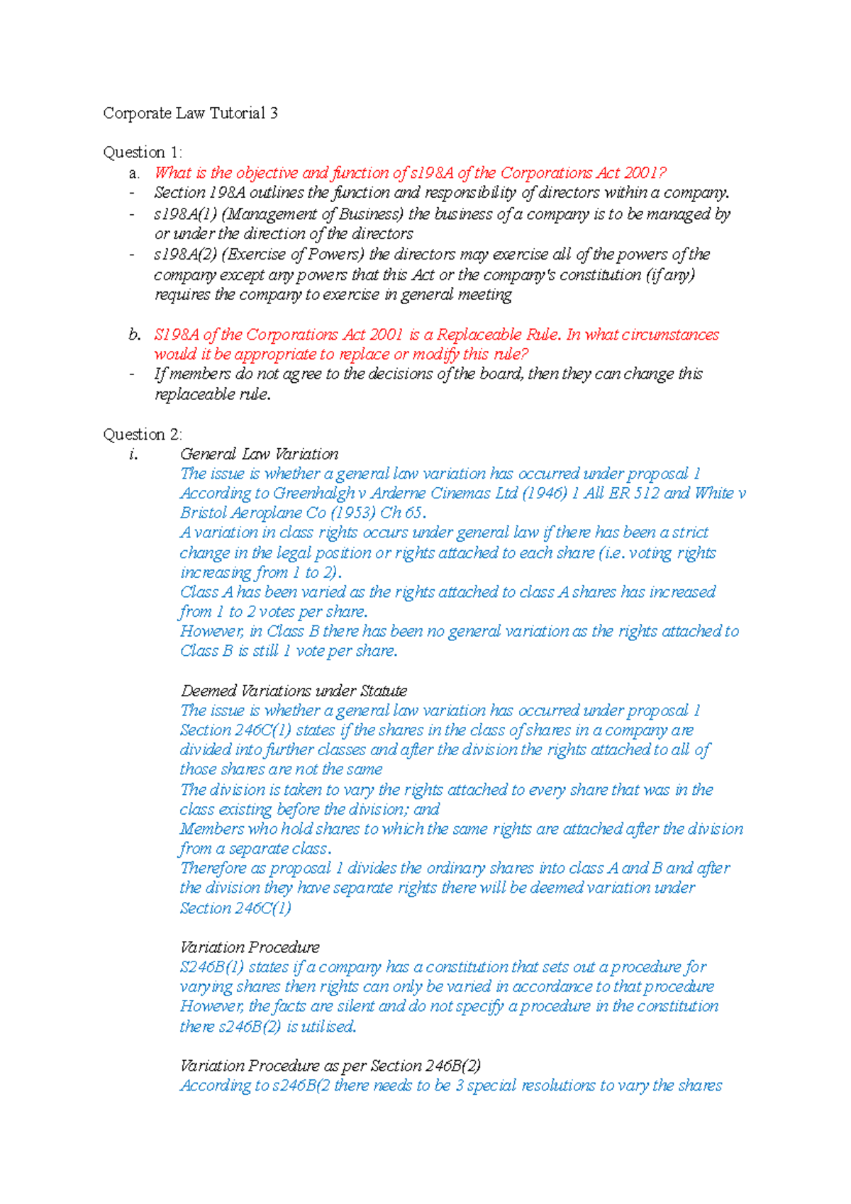 Tute 3 - h1 tutorial answer to 2023 sem 1 tutorial - Corporate Law Tutorial 3 Question 1: a ...