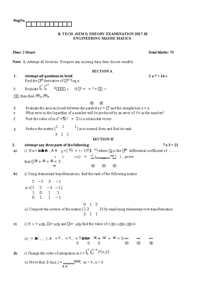 ENGNEERING CHEMISTRY - RegNo. B TECH (REGULAR+CARRYOVER) (SEM I) THEORY EXAMINATION 2017-18 ENGG ...
