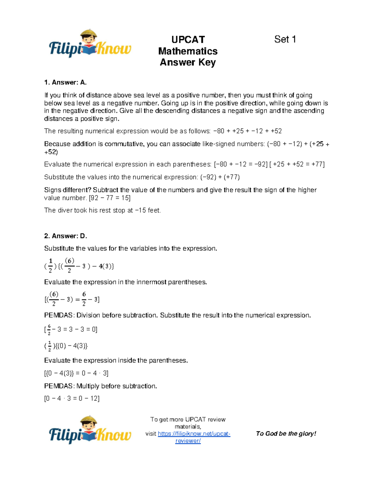 Upcat Mathematics Answer Keys Set 1 - UPCAT Mathematics Answer Key To ...
