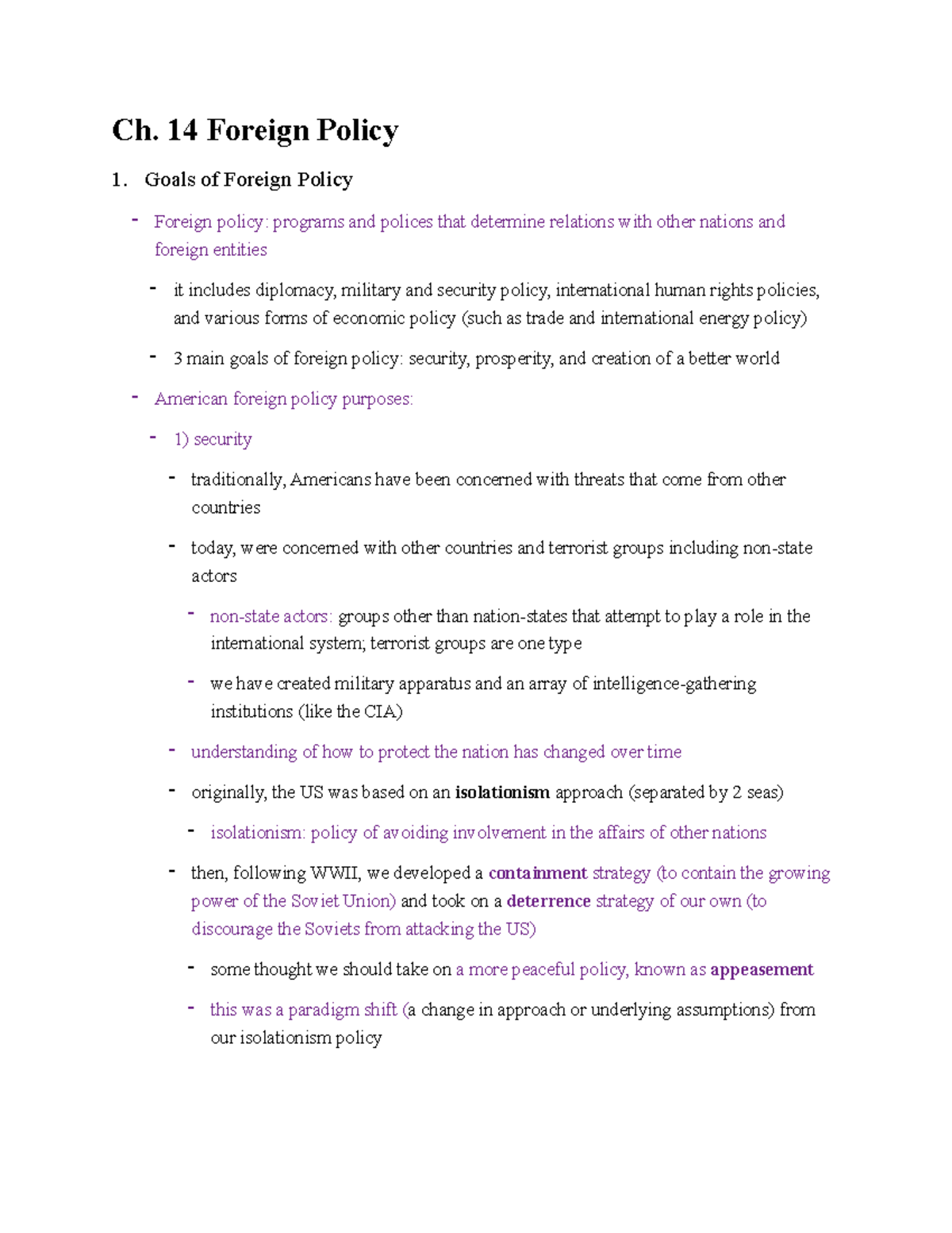 POLS ch. 14 pdf - notes - Ch. 14 Foreign Policy 1. Goals of Foreign ...