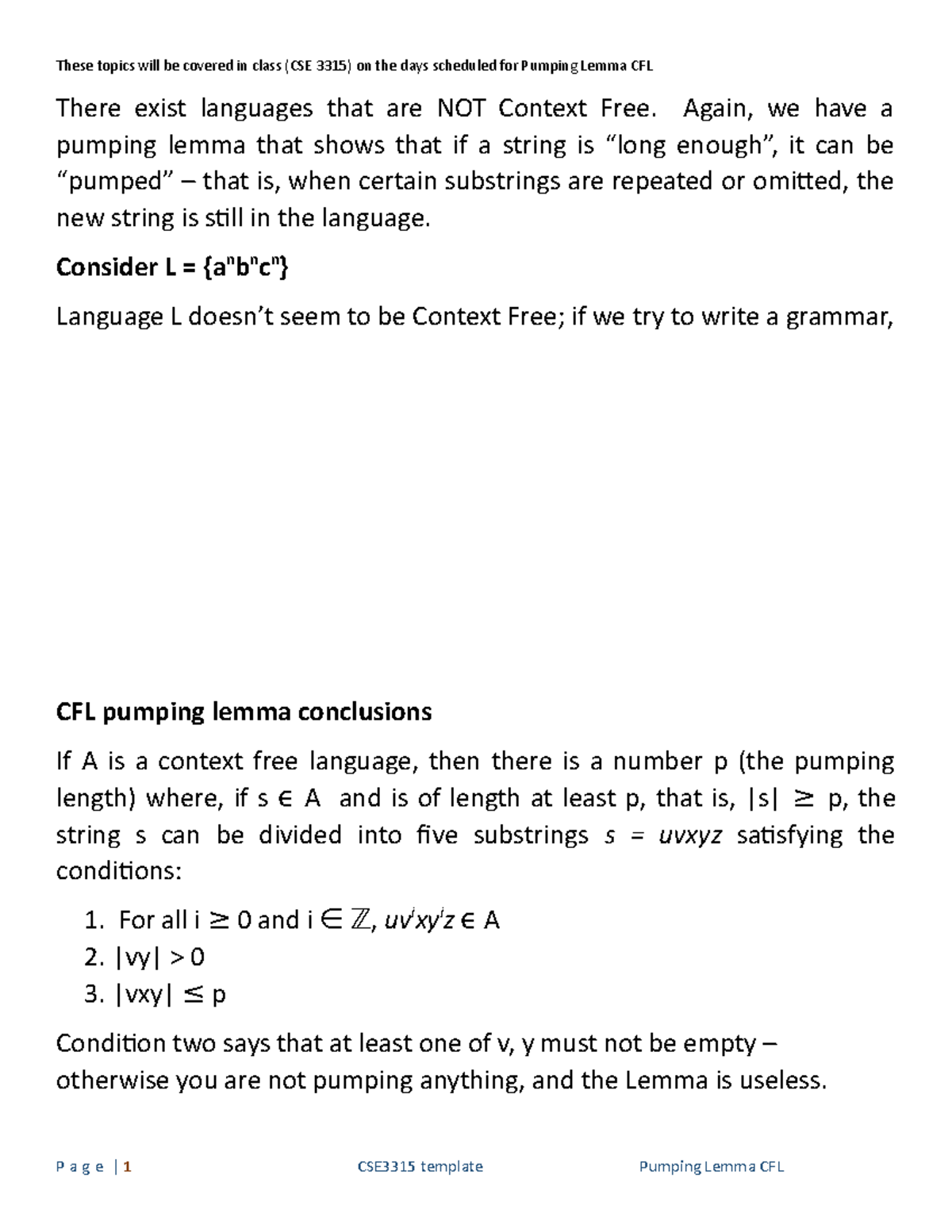 Pumping Lemma CFL - Lecture Notes - These topics will be covered in ...