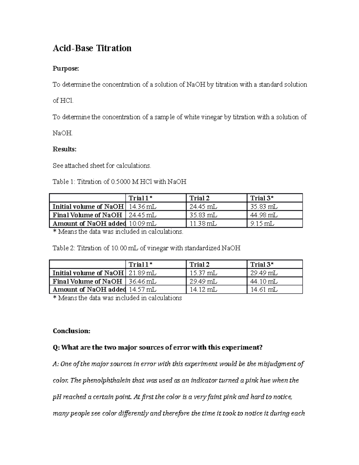 Titration lab - Acid-Base Titration Purpose: To determine the ...